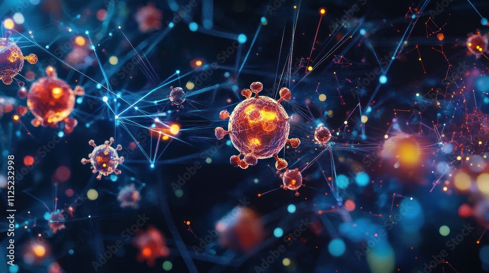 A digital illustration depicting virus structures in a blue background ...