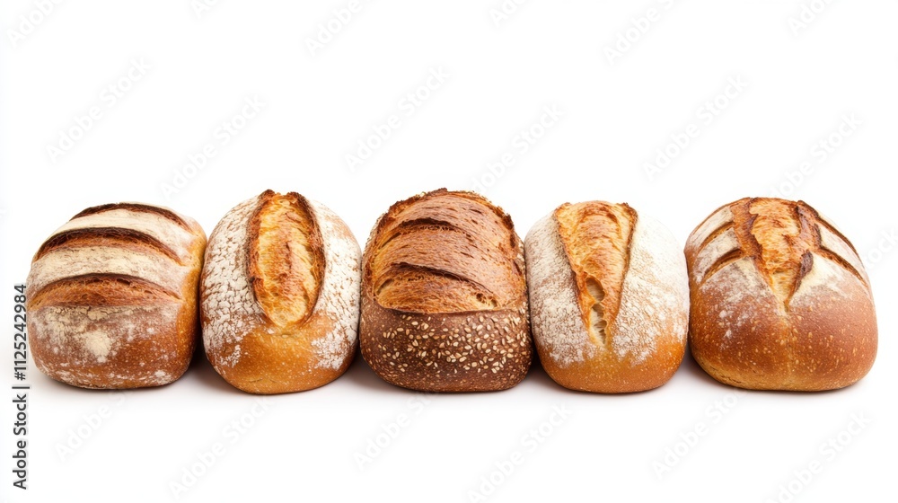 Row of five different types of bread loaves, each with its own unique ...