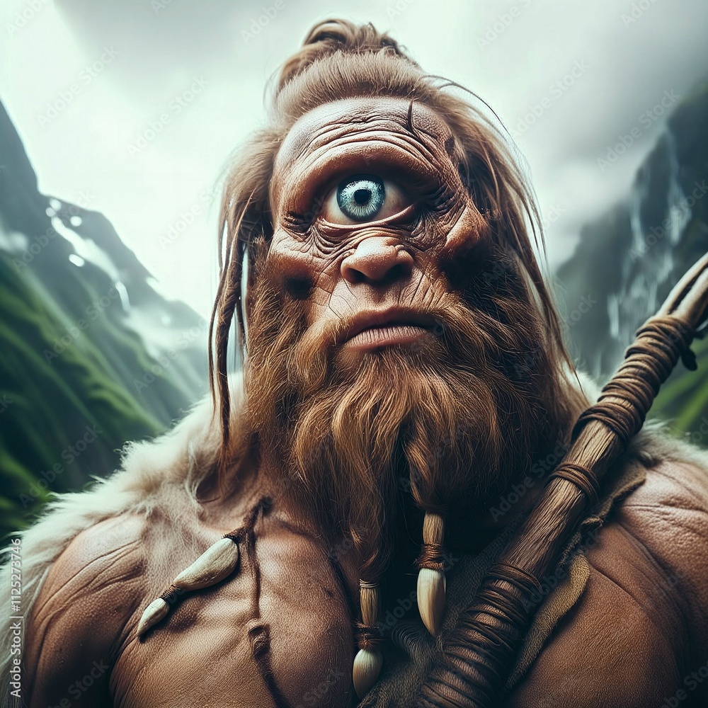 A one-eyed Cyclops from ancient Greek mythology. Hesiodic thunderstorm ...