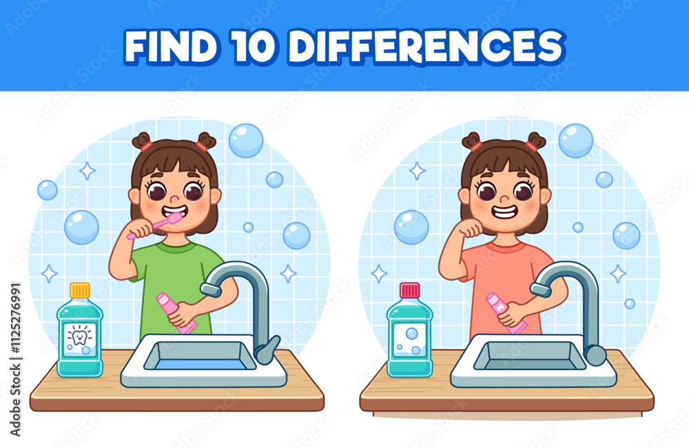 Find 10 differences on the topic of hygiene. Girl brushing teeth ...