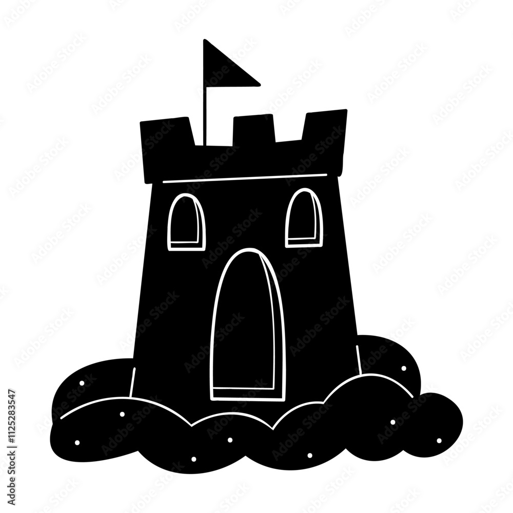 Hand drawn sand castle in black and white colors. Doodle clip art for ...