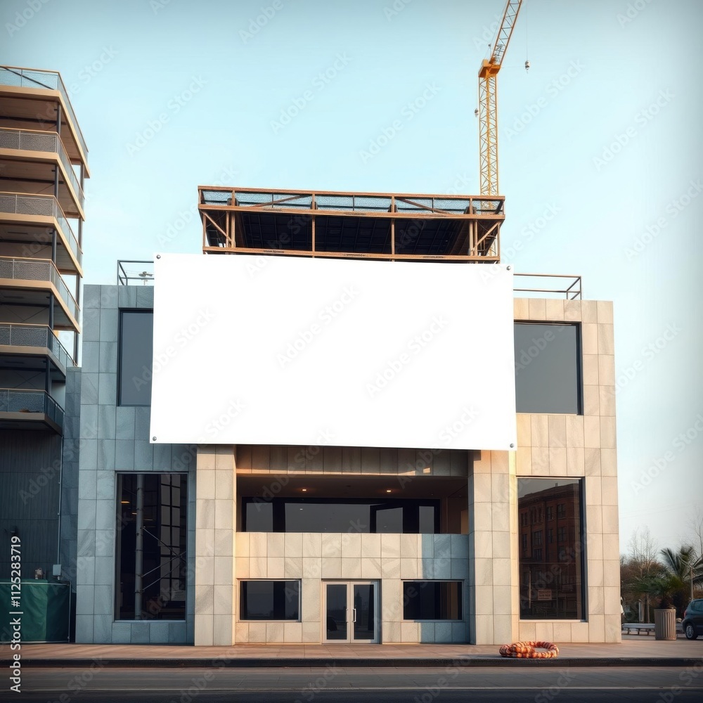 Blank white banner for advertisement on the facade of building under ...