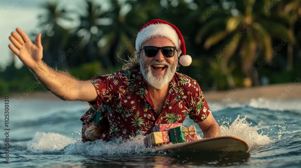 Santa surfing on a wave with gifts beach action photography tropical ...