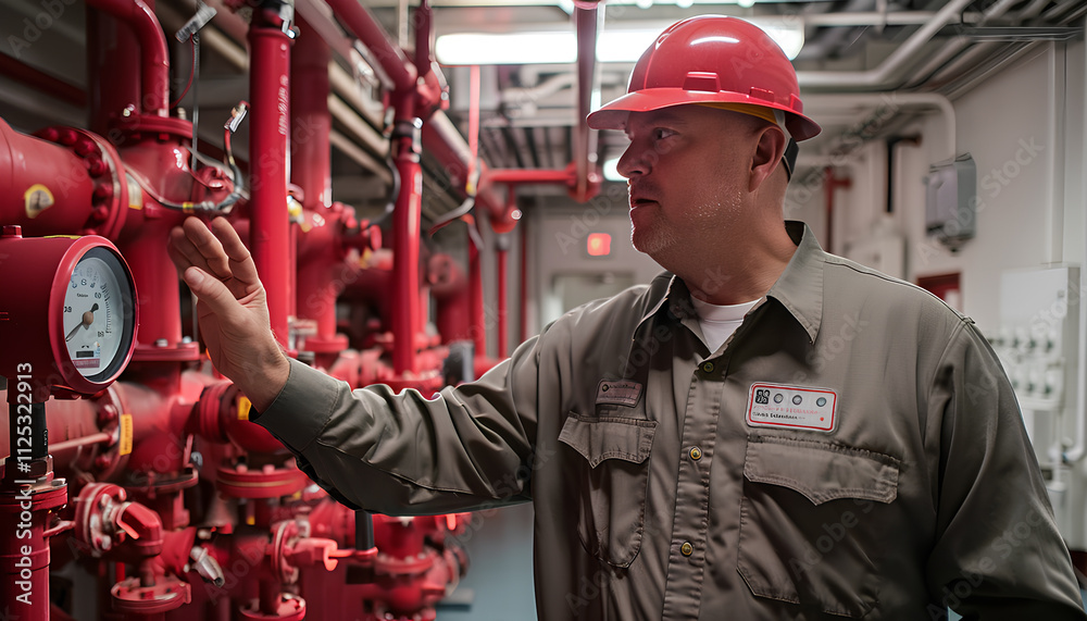 engineer in the fire protection pump room talking with walkie talkie checking and operate ...
