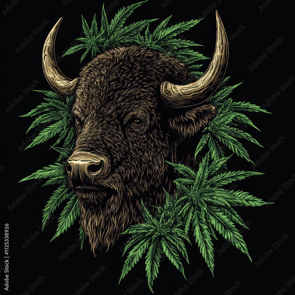 Bison head surrounded by cannabis leaves. Graphic design, illustration ...