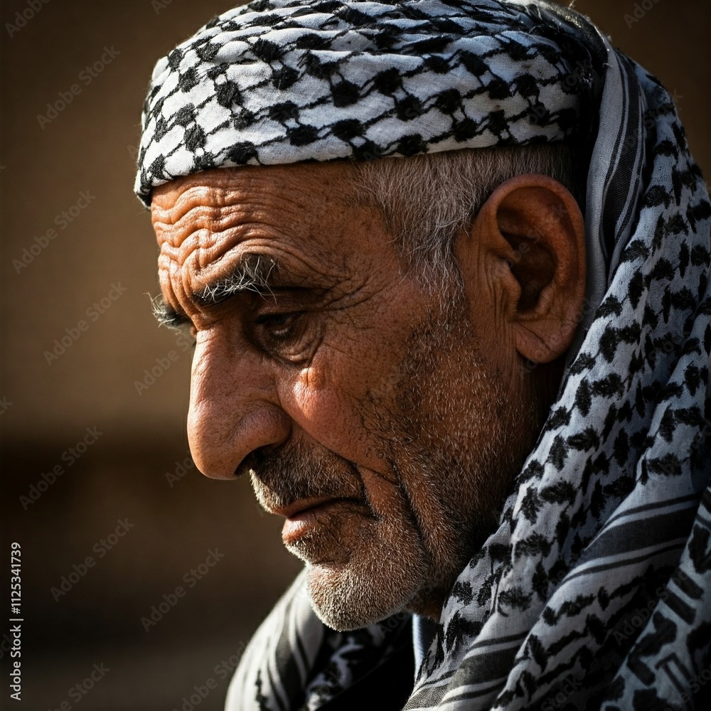Profile portrait of an elderly Syrian man wearing a black-and-white ...