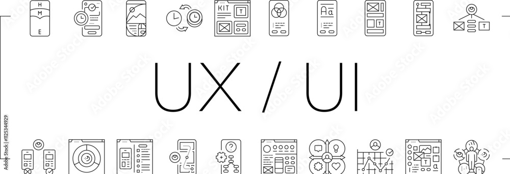 ui ux develop content research icons set vector. bank network, app ...