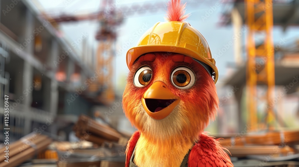 Cartoon bird face with a construction helmet, building site background ...