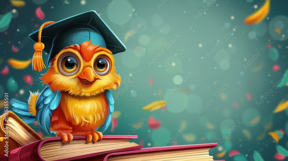 Cartoon bird face with a graduation cap and diploma, school background ...