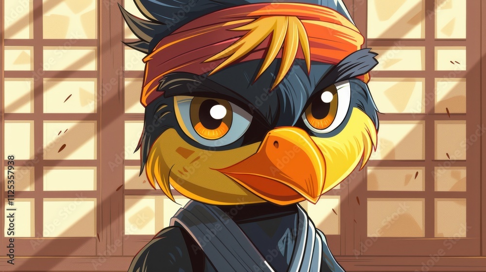 Cartoon bird face with a karate headband, dojo background with belts ...