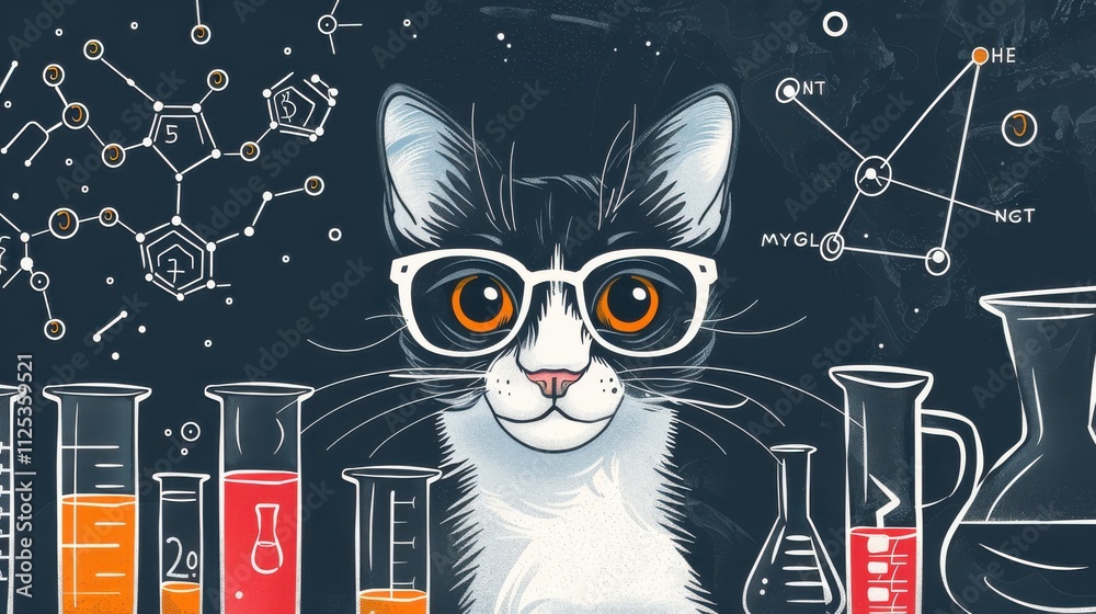 Cartoon cat face with a science beaker, laboratory background Stock ...