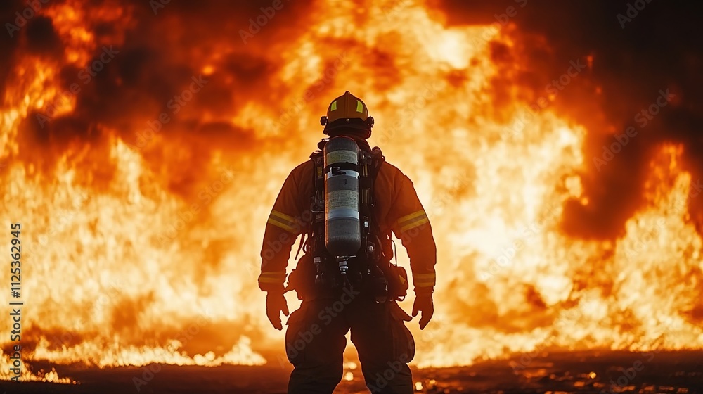 Firefighter standing in front of a massive fire, wearing full gear and ...