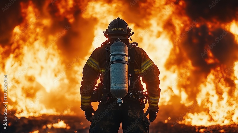 Firefighter standing in front of a massive fire, wearing full gear and ...