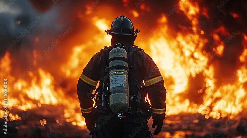 Firefighter standing in front of a massive fire, wearing full gear and ...