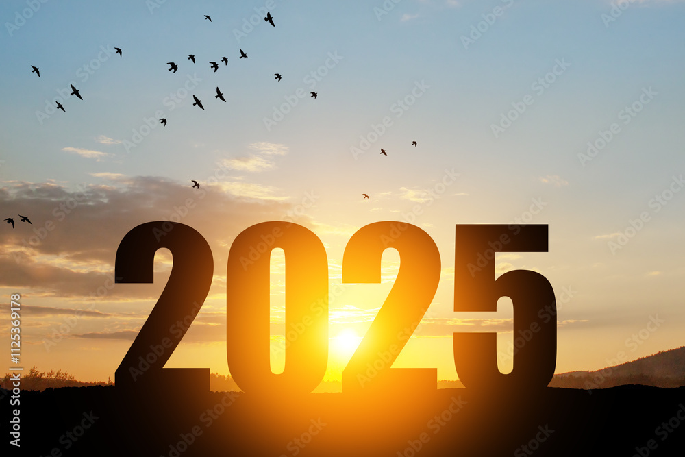 Silhouette 2025 with sunset sky at mountain and number like 2025 ...