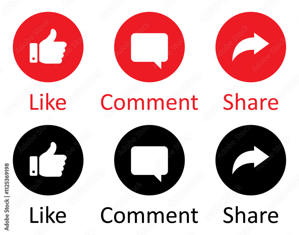 Like, Share and comment icons buttons set with black and red color ...