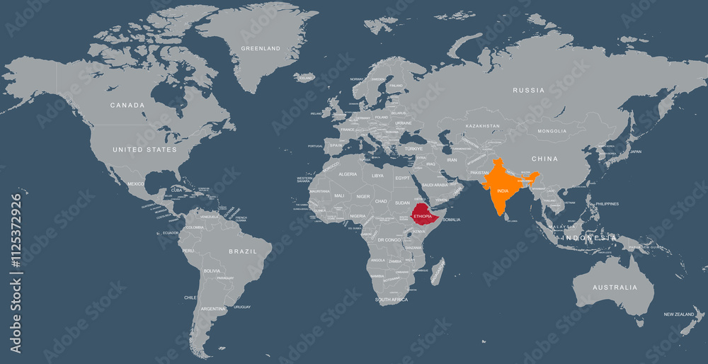 A detailed world map with India and ethiopia prominently highlighted in ...
