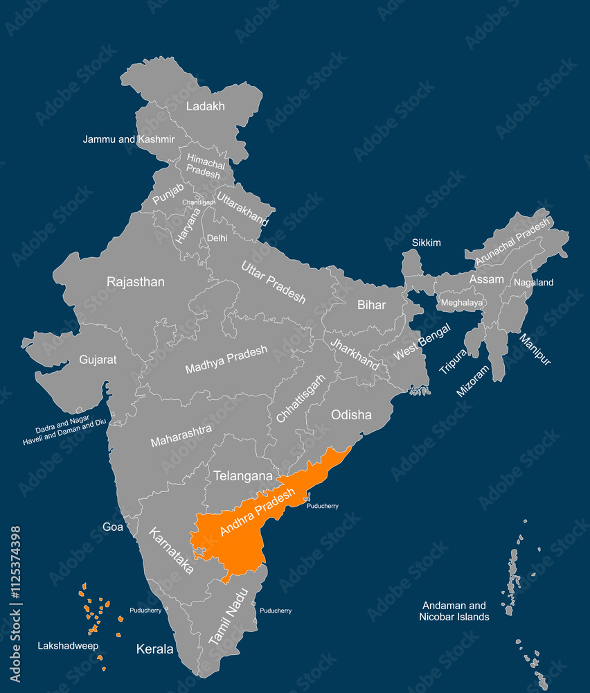 Detailed Political Map of India Highlighting Andhra Pradesh State Stock ...