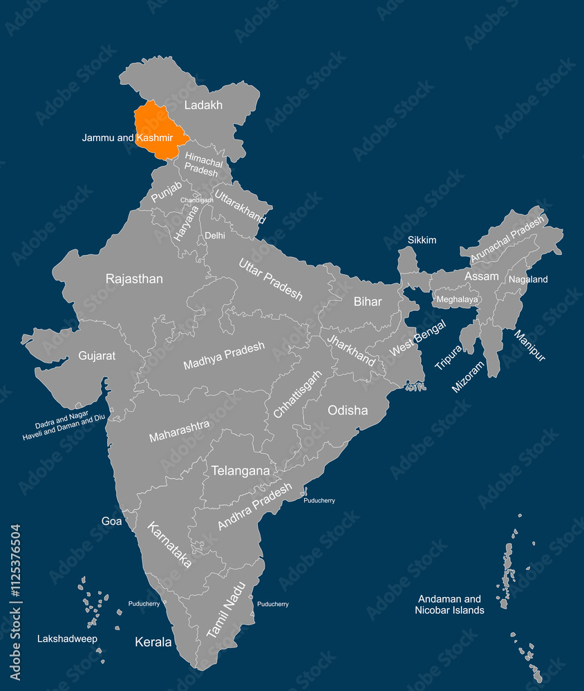 Detailed Political Map of India Highlighting Jammu and Kashmir State ...