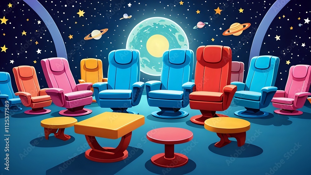 Cartoon scene, space theater auditorium conference room, seating ...
