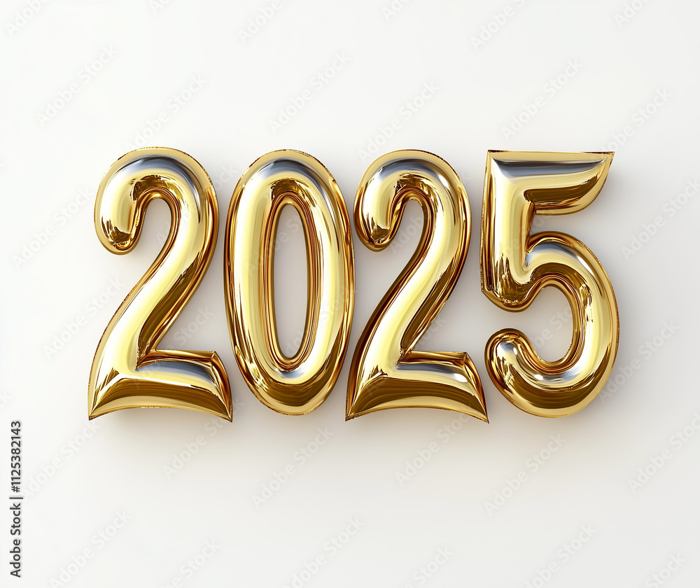 3D golden text "2025" in a style of twisted and elongated forms, on a ...