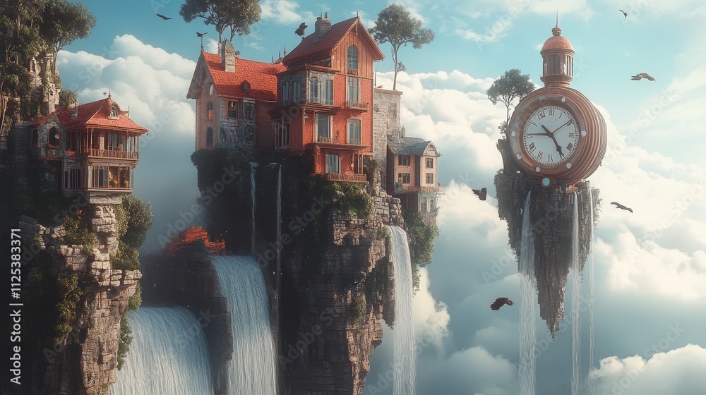 Ilustración de Stock Surreal scene of a floating clock tower among ...