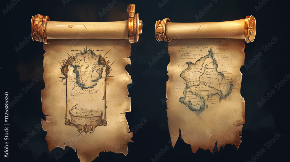 Magic game parchment scroll for old map with treasure. Papyrus roll ...