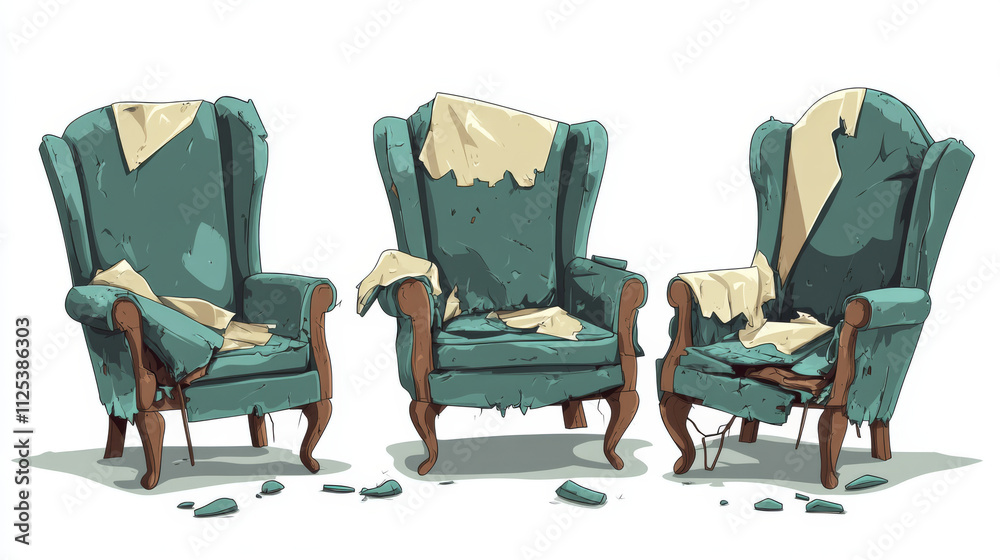 Broken chairs and armchairs old furniture isolated set, defected home ...