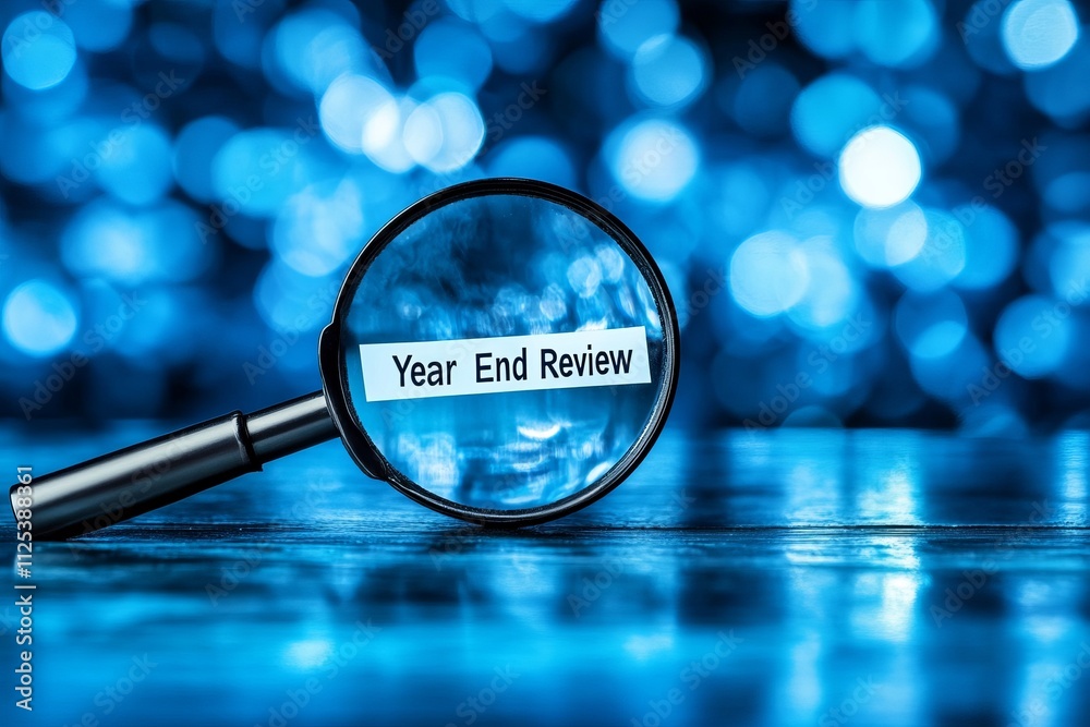 magnifying glass over the text " Year End Review" , illustrating focus ...