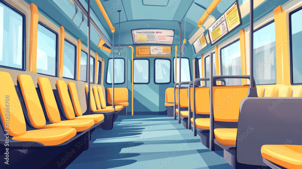 School bus seats. Train, public vehicle cabin interior set with ...