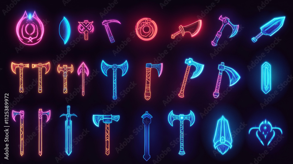 Viking game props icons, neon glowing medieval battle axe, mace, wine horn, helmet, sword and ...