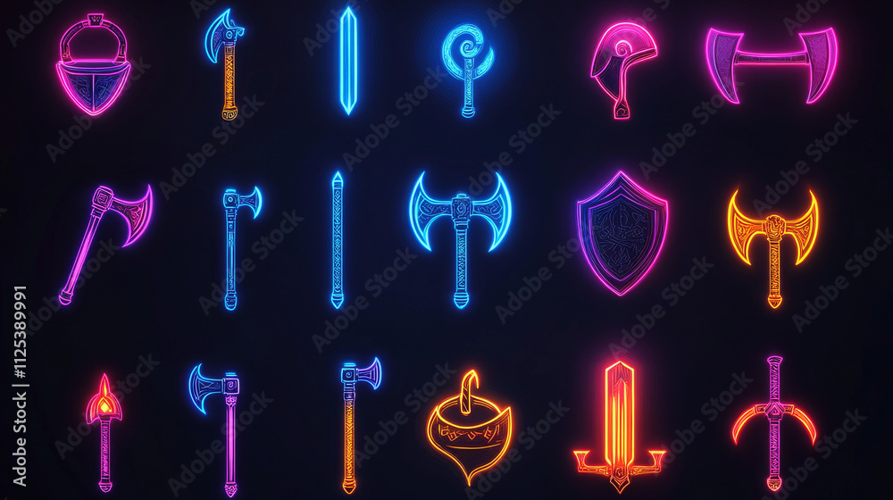 Viking game props icons, neon glowing medieval battle axe, mace, wine horn, helmet, sword and ...