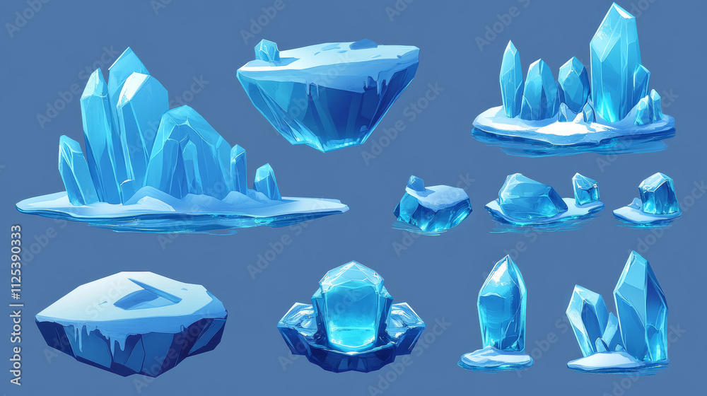 Cartoon iceberg and glacier pieces floating in water. Game ui vector ...