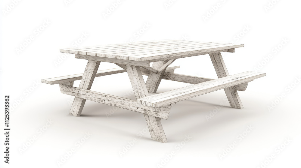 White wooden picnic table with long benches 3d realistic vector. Camping, garden or park wood ...