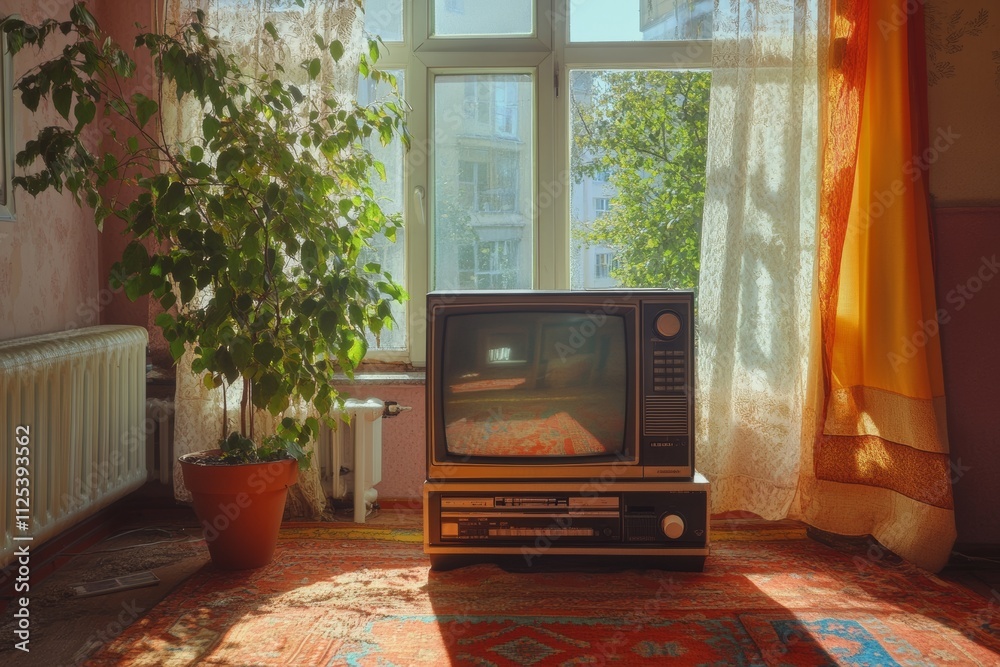 A quintessential 1980s living room setup with a large CRT television, a ...