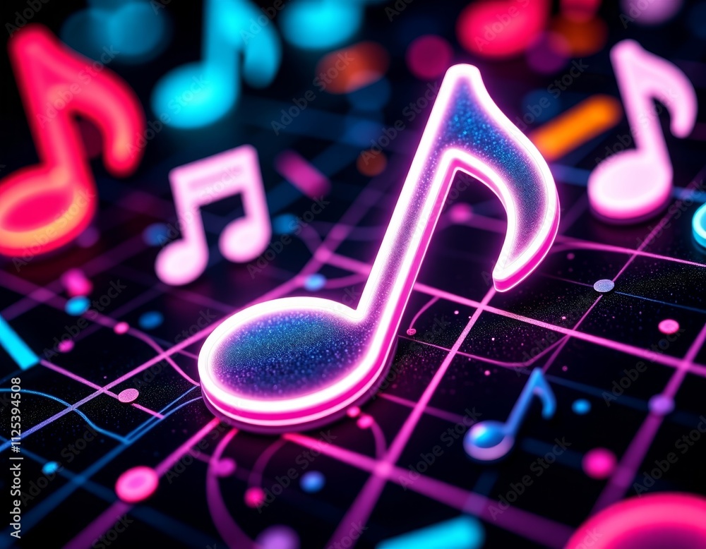 vaporwave digital art glowing musical note close-up neon music notes ...