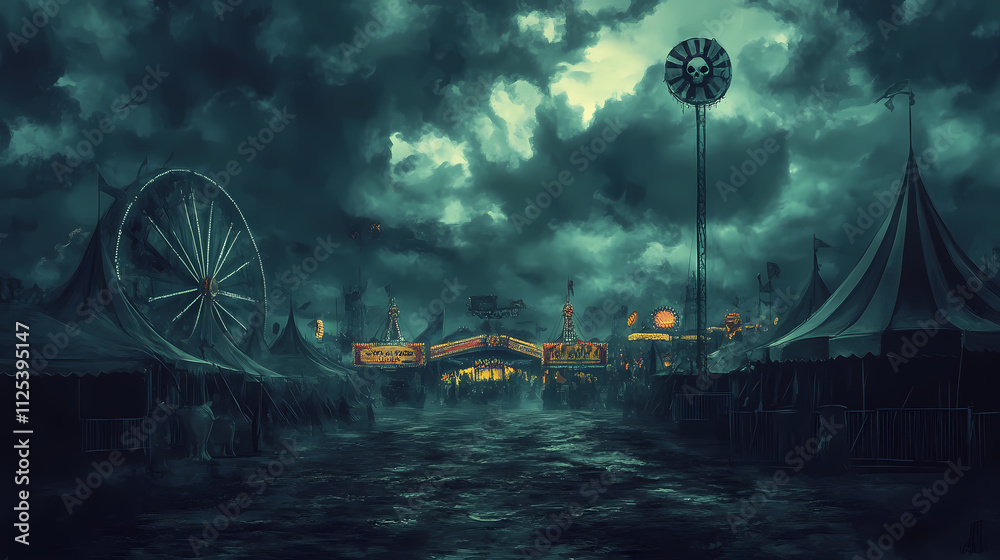 Create a spooky carnival background with creepy clowns, dark tents, and ...