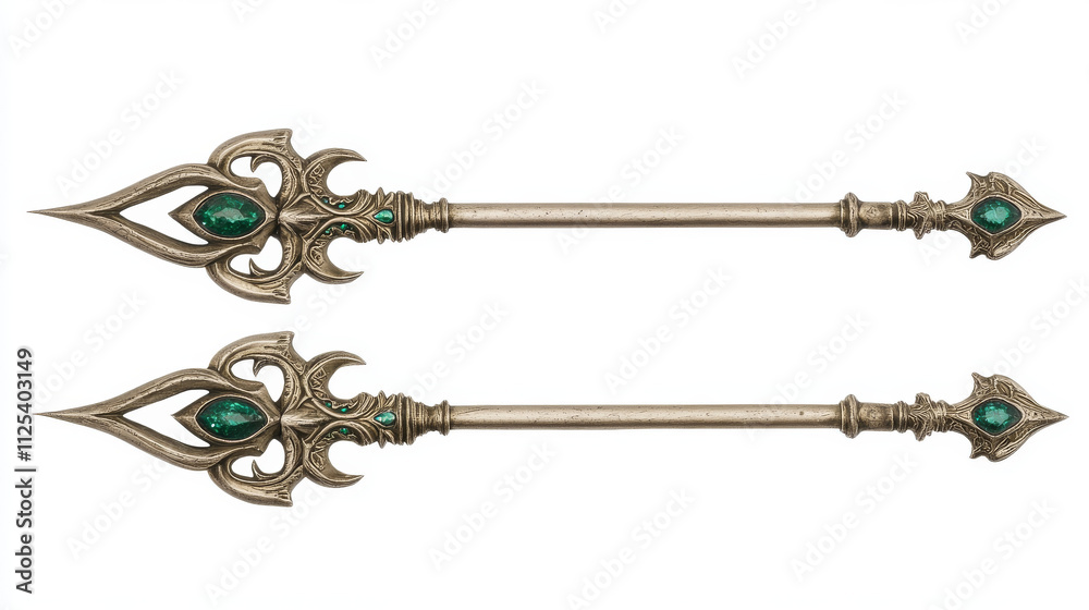 Gold, silver and bronze trident, devil pitchfork with emeralds isolated ...