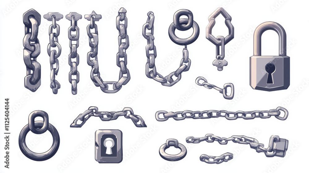 Metal chains with whole and broken links made of silver, chrome or ...