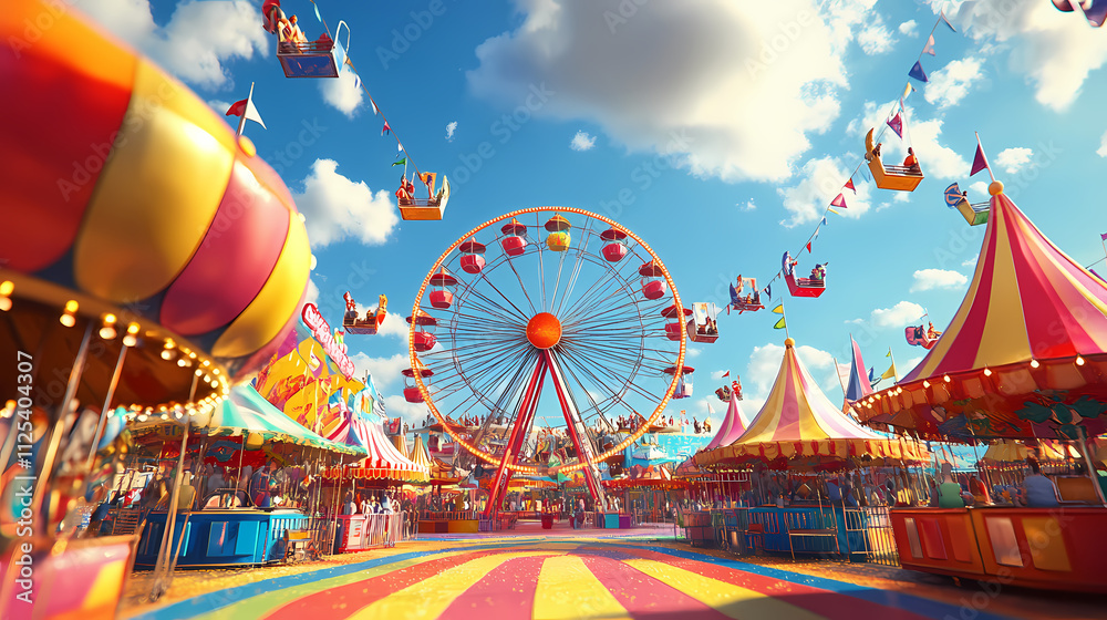 Bright and lively carnival with colorful tents ferris wheels people on ...