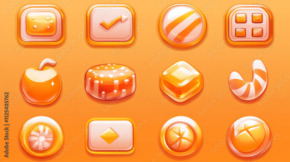 Candy game ui button and interface icon cartoon. Mobile app cute design ...