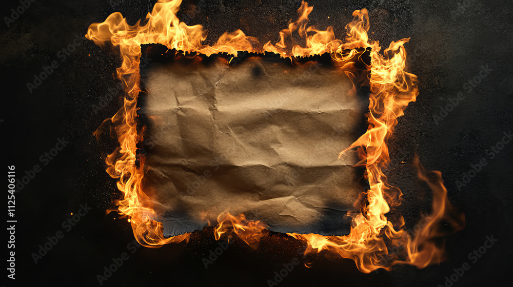Burning rectangle paper sheets. Old notes or stickers with fire ...