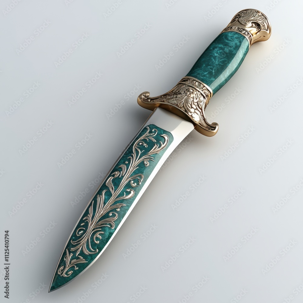 Ornate dagger with intricate green and gold detailing on the handle and ...