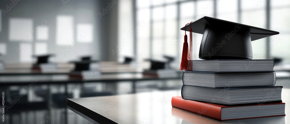 Graduation mortarboard with red tassel placed on stack of textbooks in ...