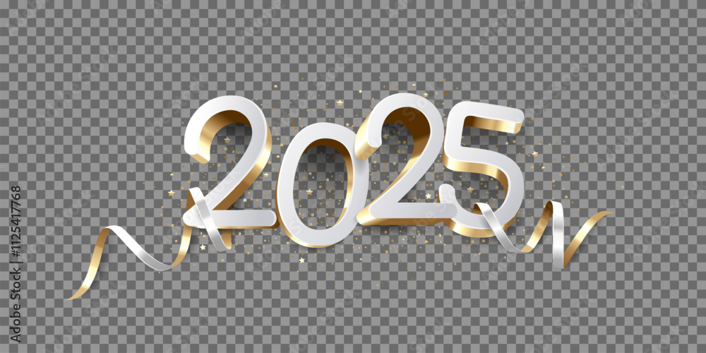 Happy new year 2025. White and golden 3D numbers with ribbons and ...
