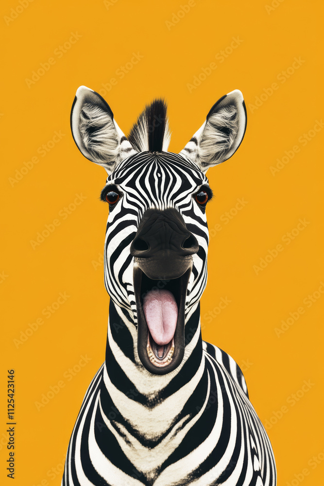 Angry and surprised zebra isolated on an orange background, with wide ...