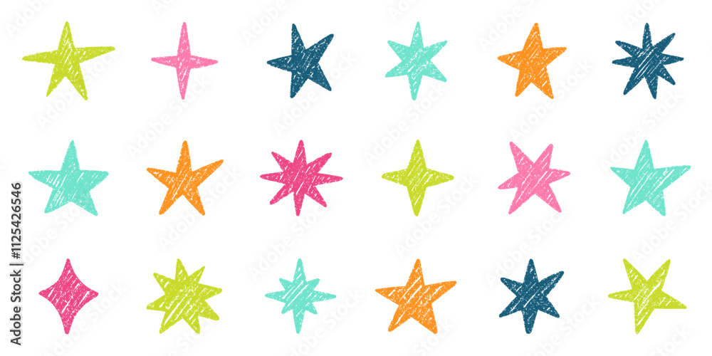Chalk pencil stars and sparkles doodle set. Crayon Twinkle, blink, firework, glitter silhouette ...