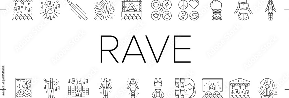 rave retro party music icons set vector. 90s grid,vintage wave, trippy ...