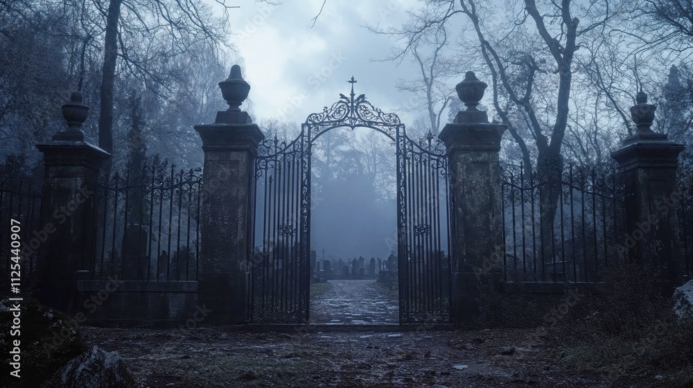 Haunting wrought iron cemetery gates with ornate gothic details open to ...