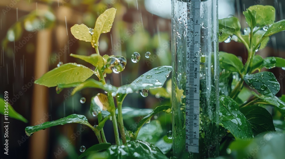 Rain gauge measuring rainfall in a backyard garden during a rainstorm ...